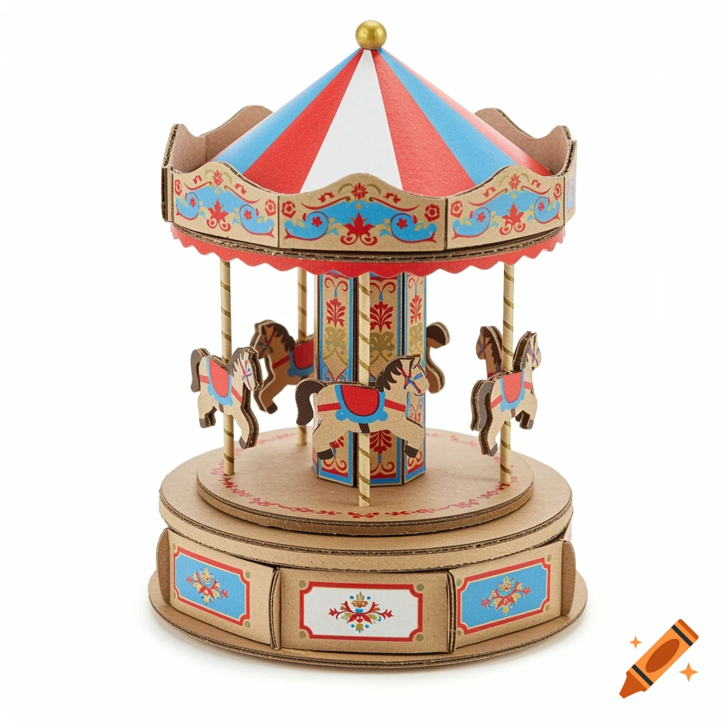 Miniature cardboard carousel toy with horses on a white background on ...