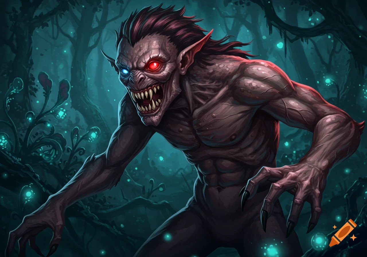 Stylized illustration of a snarling humanoid monster with red and blue ...