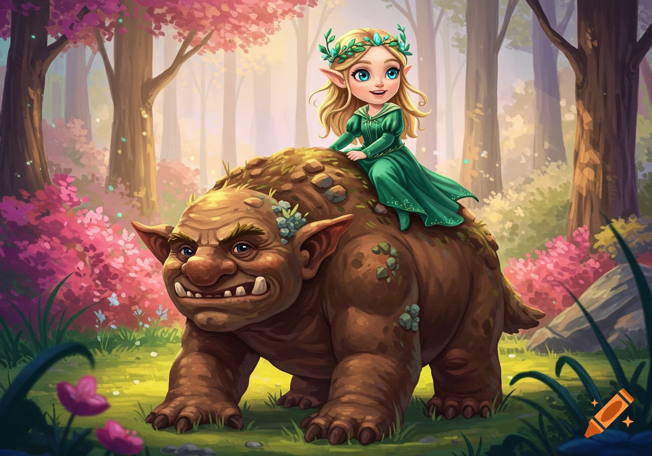 Cute fantasy illustration of an elf riding a large troll through a ...