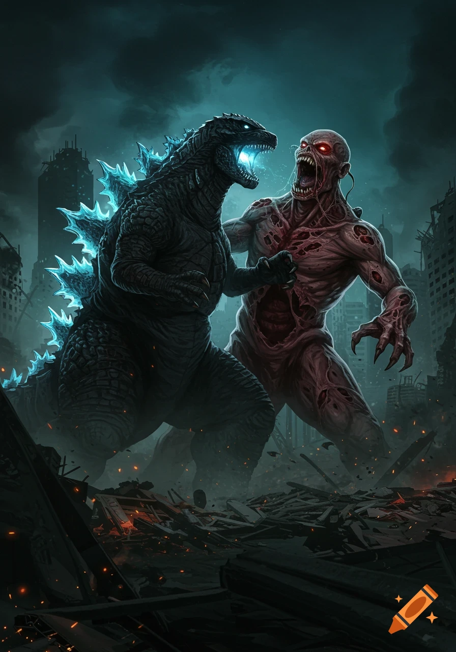 Godzilla battles a zombie-like creature in a destroyed city. on Craiyon