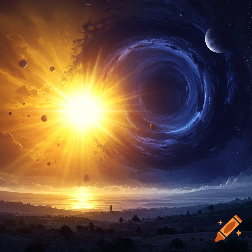 Cosmic scene with a bright sun and dark void dividing a sky above a landscape. on Craiyon