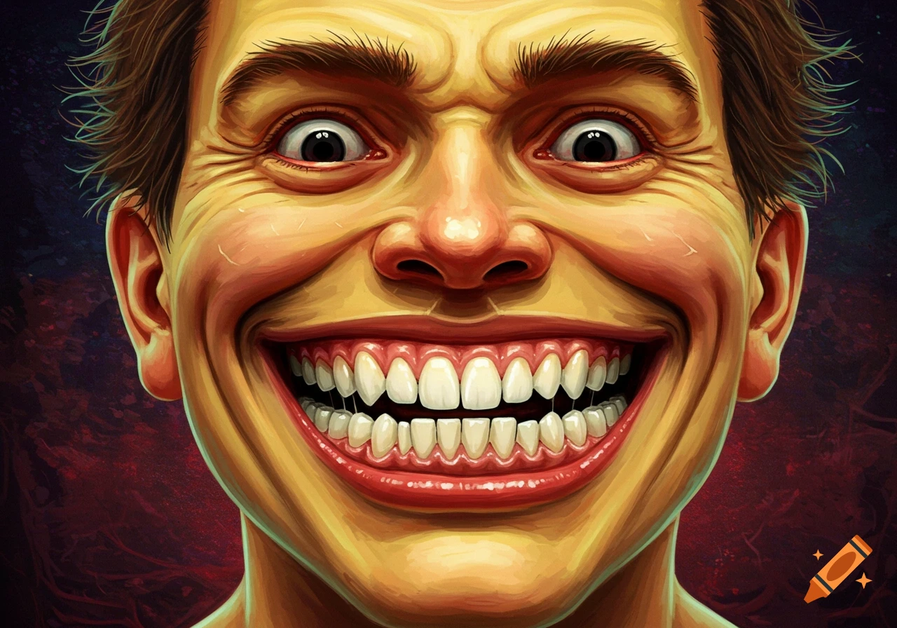 Close-up illustration of a man with wide eyes and an exaggerated smile ...