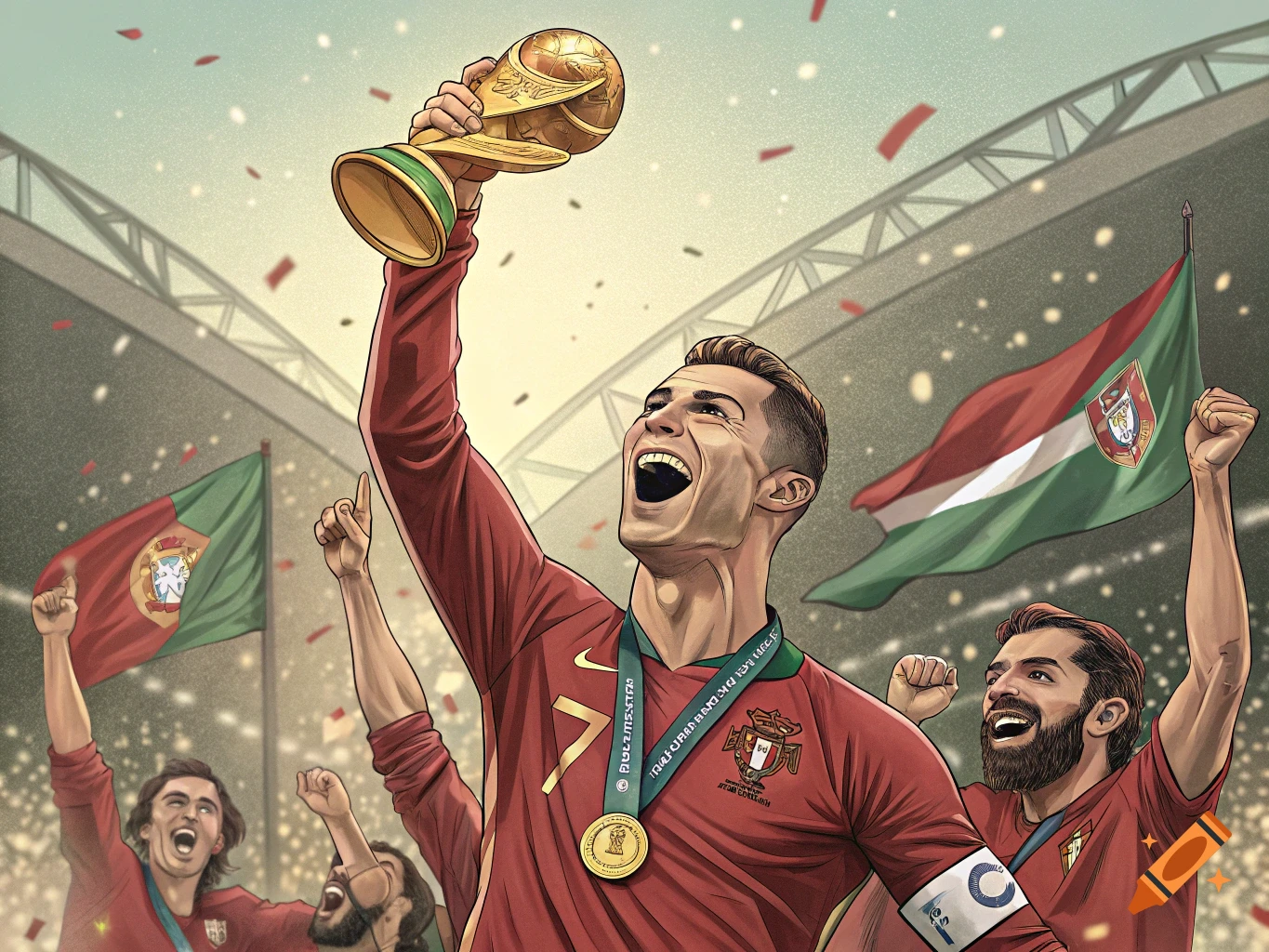 Illustration of Cristiano Ronaldo holding up the World Cup trophy with ...