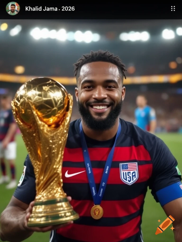 Smiling man in USA soccer jersey holds World Cup trophy and medal on a field. on Craiyon