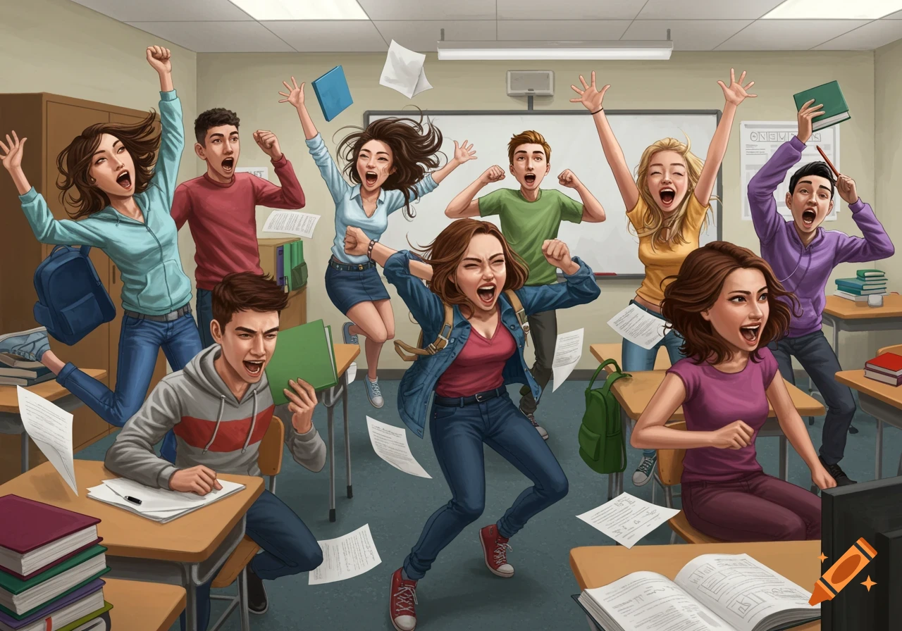 Students jump and cheer excitedly in a classroom, throwing papers in ...