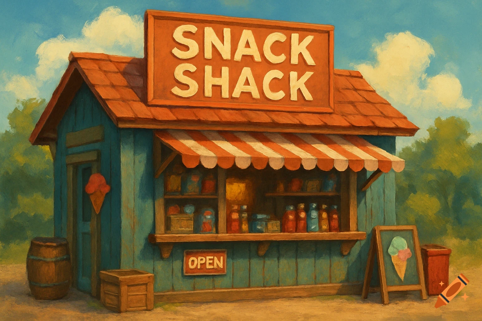 Painted snack shack with Snack Shack and OPEN signs on Craiyon