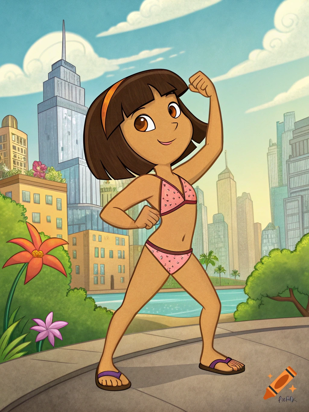 Cartoon character resembling Dora's Mami flexing in pink bikini in city park on Craiyon