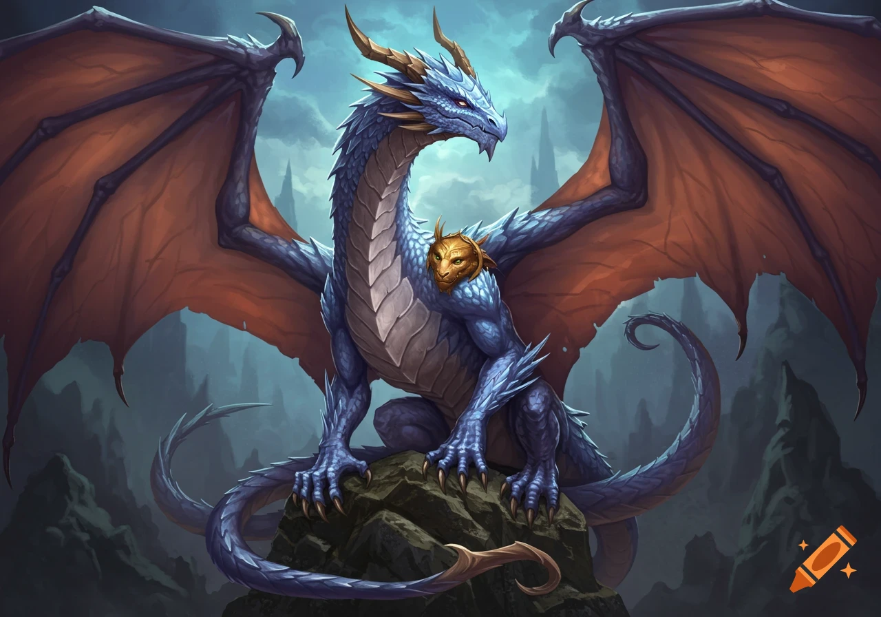 A large blue dragon sits on rocks in a misty fantasy landscape with ...