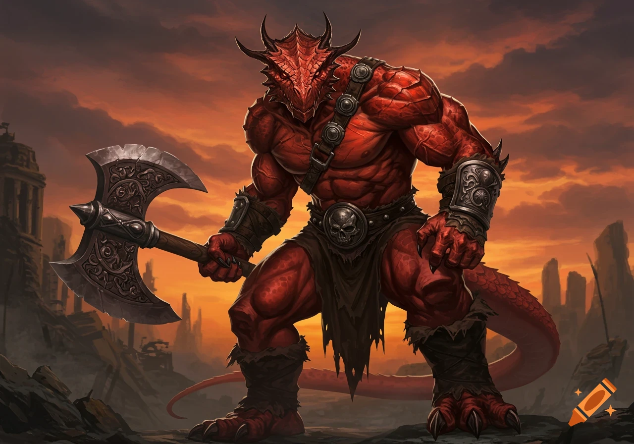 Illustration of a muscular red dragonborn barbarian with an axe standing in a ruined landscape ...