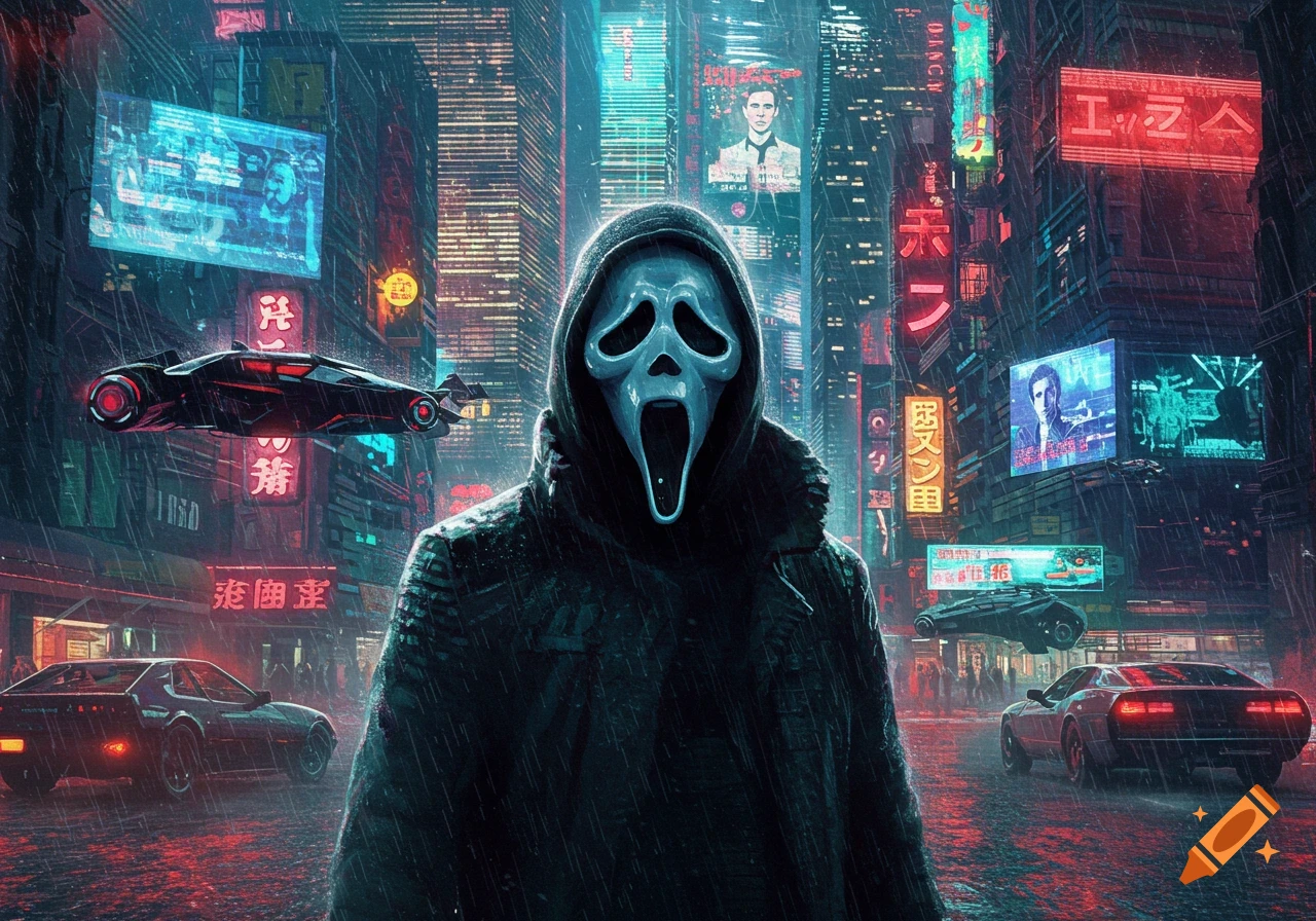 Ghostface stands in a rainy cyberpunk city street with neon signs and ...