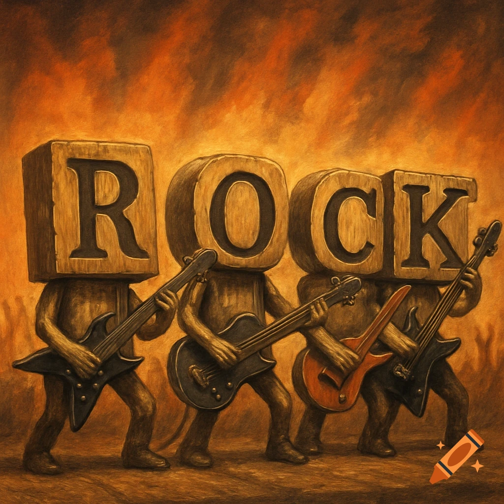 Stylized figures made of wooden blocks spelling ROCK playing electric ...