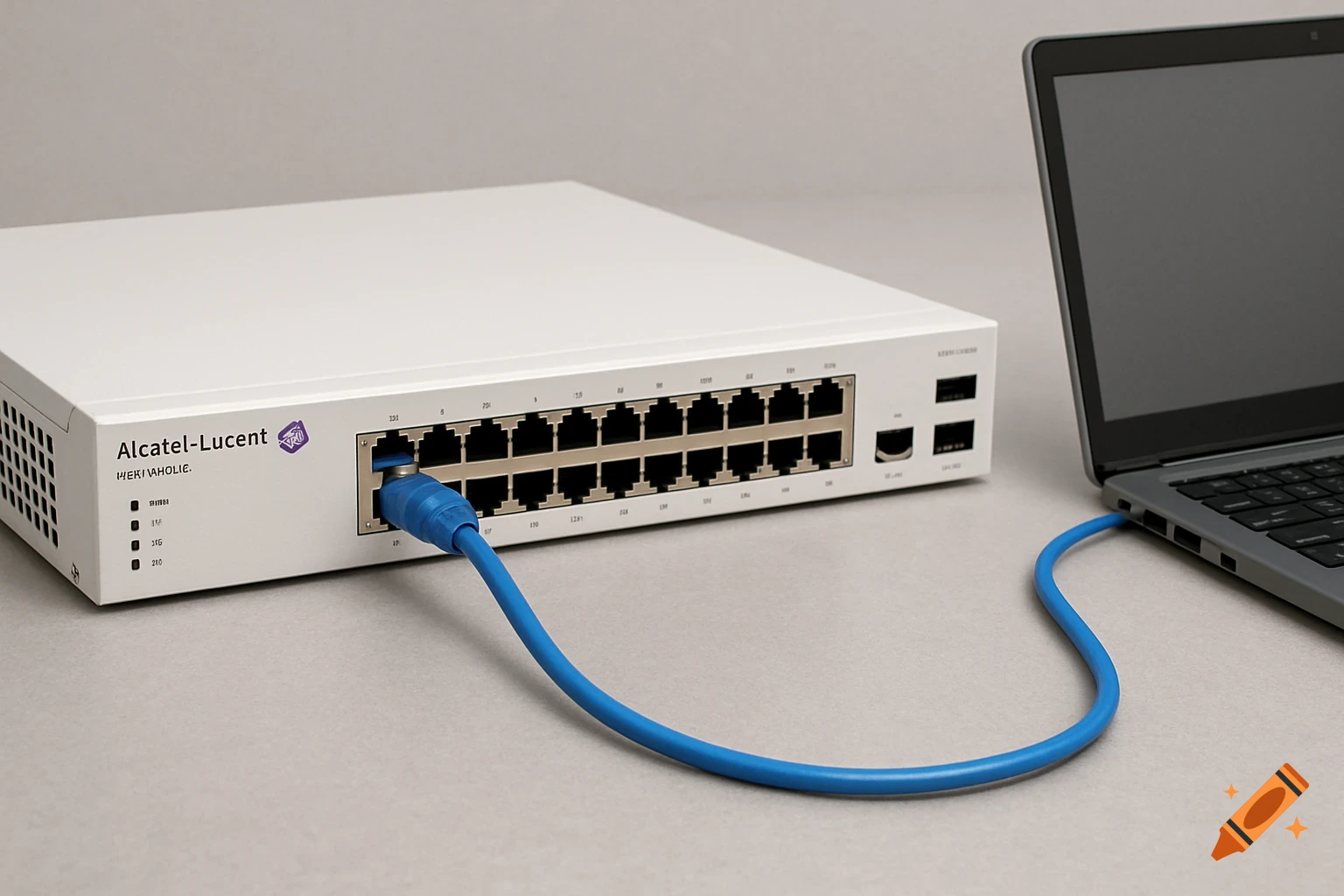 A white network switch connected to a laptop with a blue Ethernet cable ...