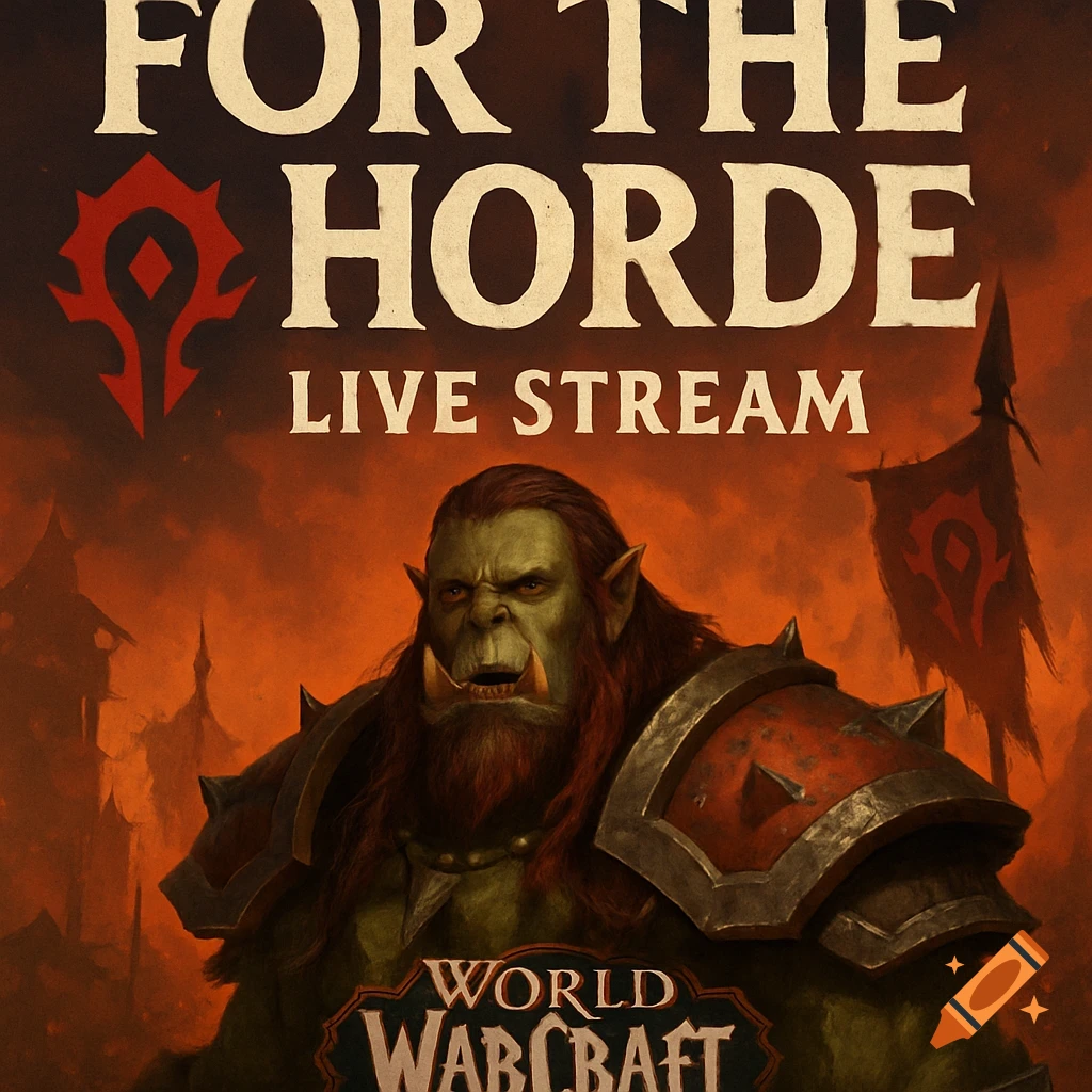 An orc character from World of Warcraft with text "FOR THE HORDE LIVE ...