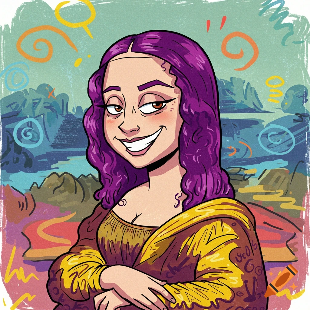 Cartoon illustration of the Mona Lisa with purple hair and a wide smile ...