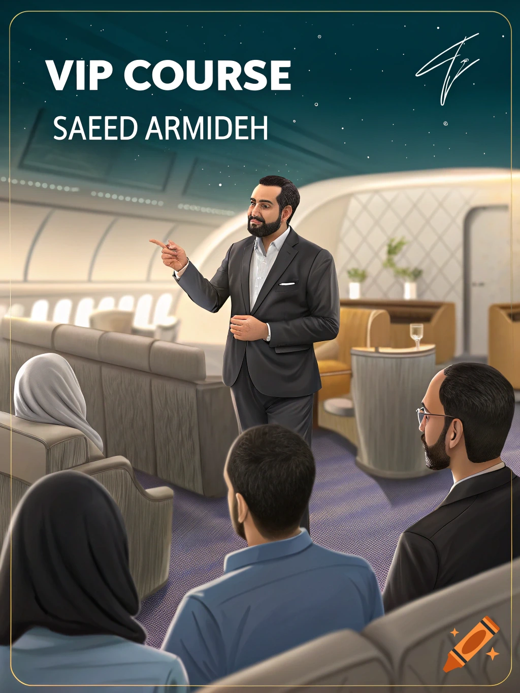 Illustrative image of a man giving a VIP course presentation to an ...