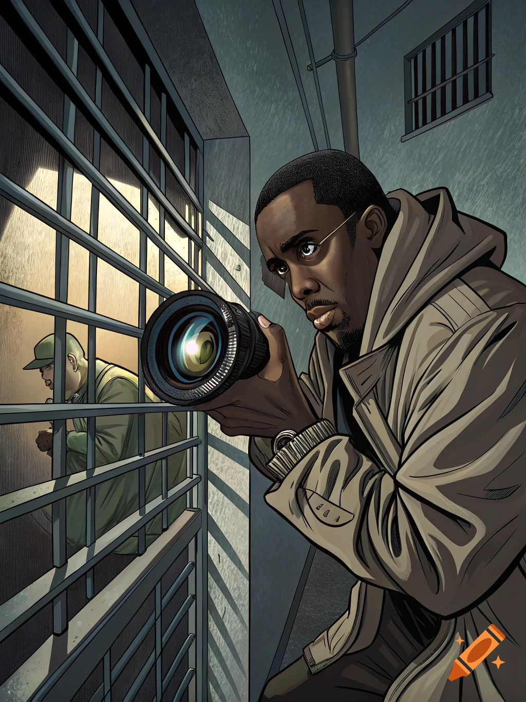 Comic book illustration of a man in a trench coat holding a camera and ...