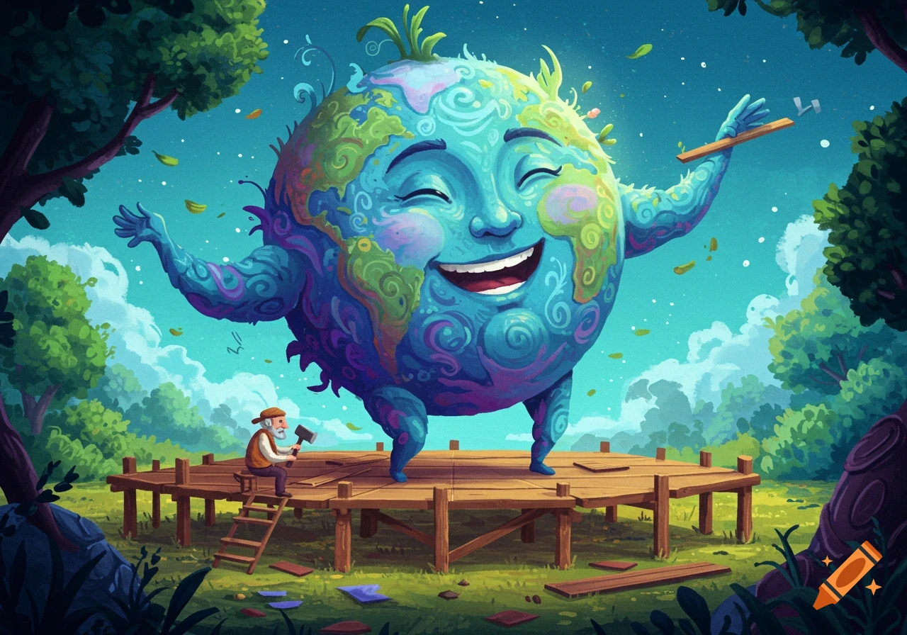 Happy personified Earth dances on a stage built by a small man in a ...