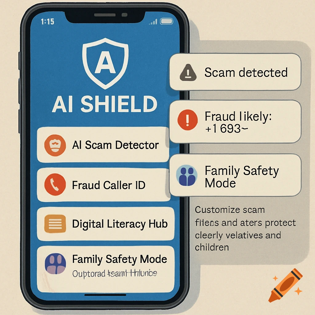 Smartphone screen shows an AI security app interface with buttons for ...