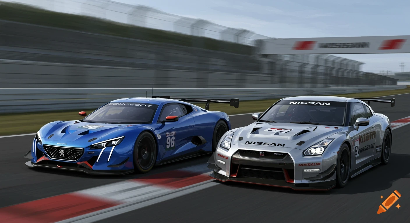 A blue Peugeot 9x8 and a silver Nissan GT-R Nismo racing on a track. on ...