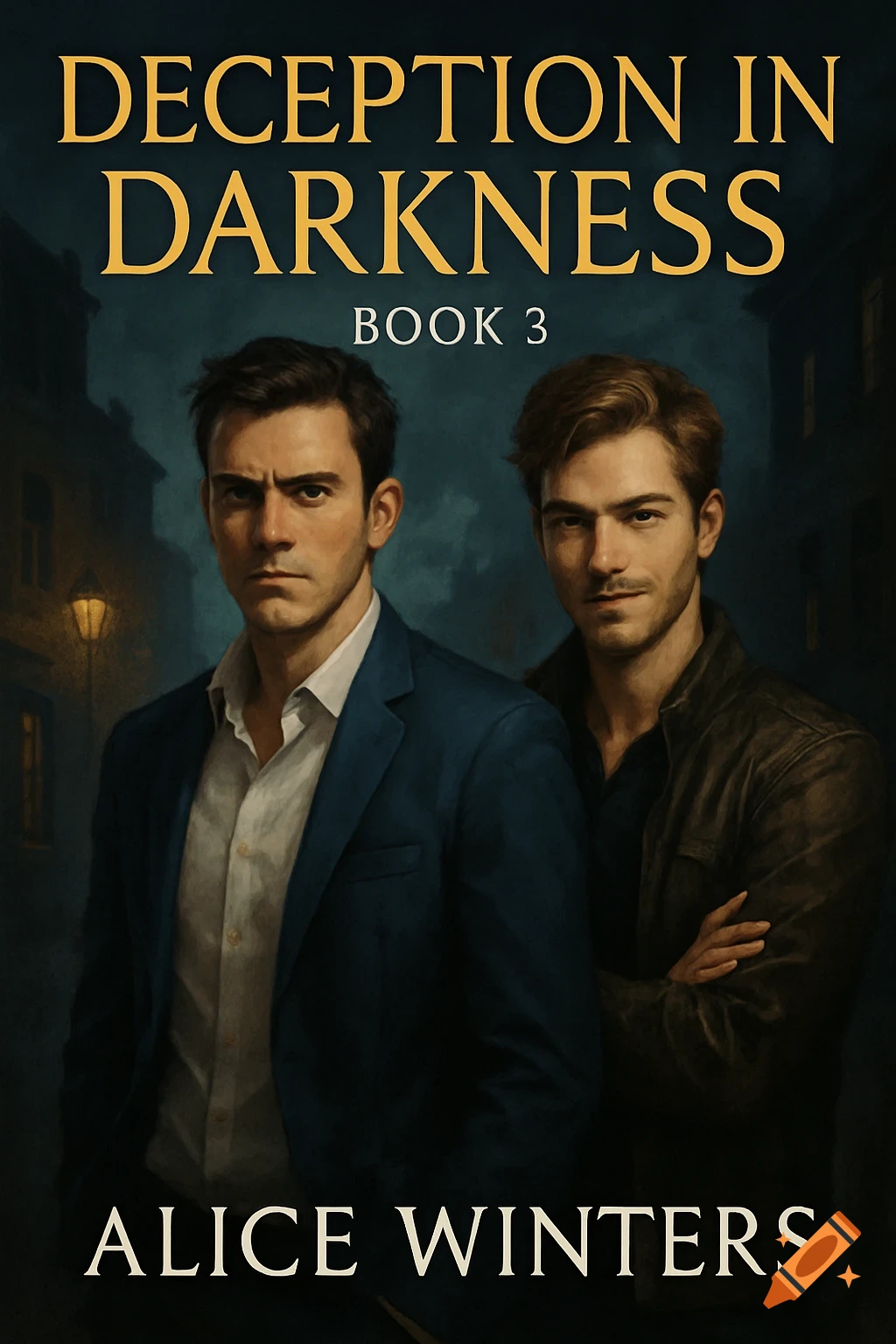 Book cover for Deception in Darkness Book 3 featuring two men. on Craiyon