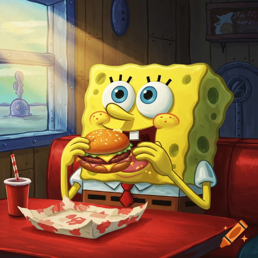 Spongebob Squarepants eating a Krabby Patty burger in the Krusty Krab ...