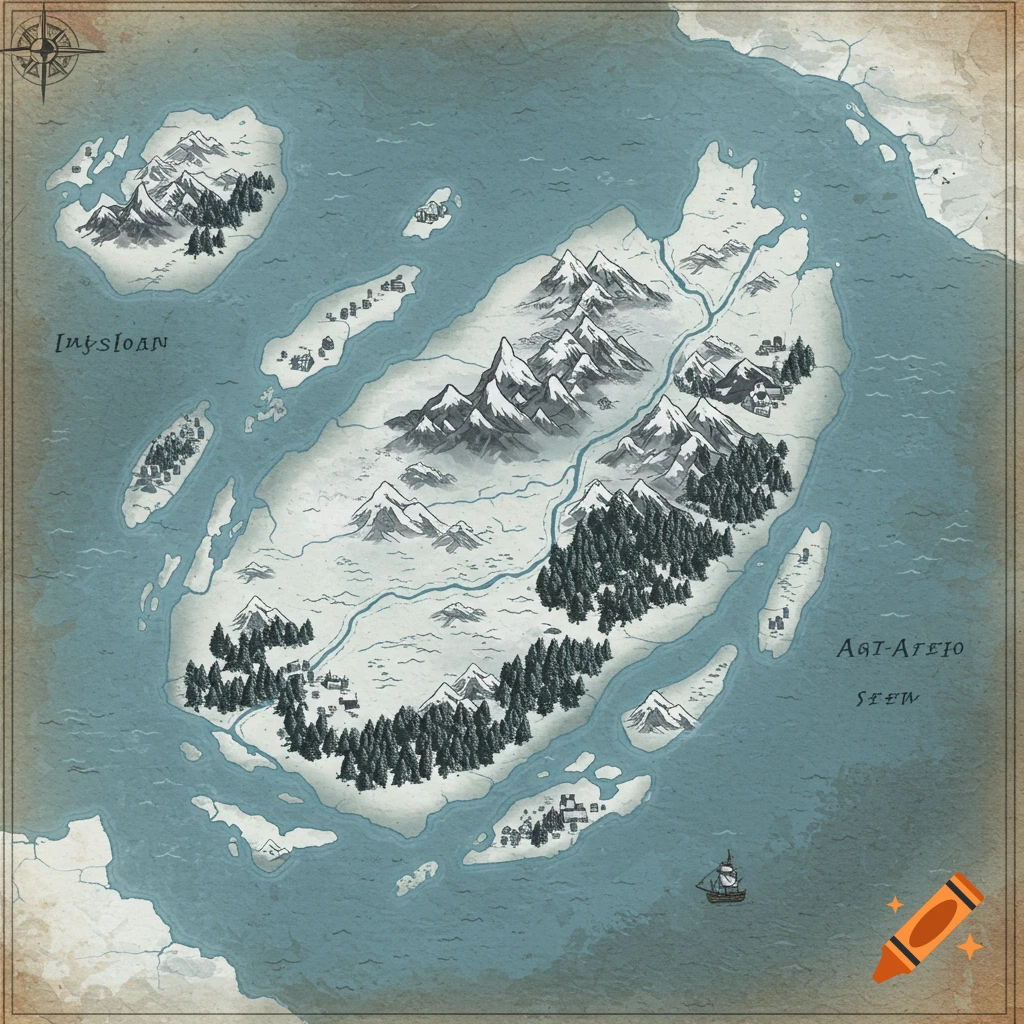 Hand-drawn style fantasy map of an island archipelago with mountains ...