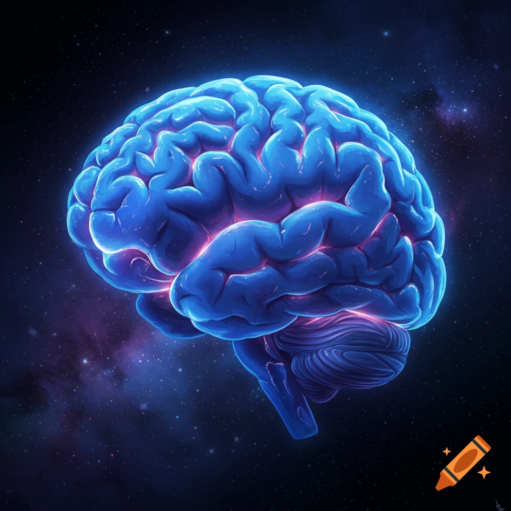 A glowing blue human brain floats in a starry space background. on Craiyon