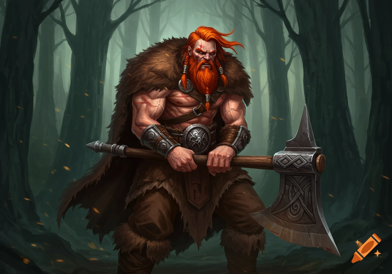 A red-haired barbarian holding a large axe stands in a forest. on Craiyon