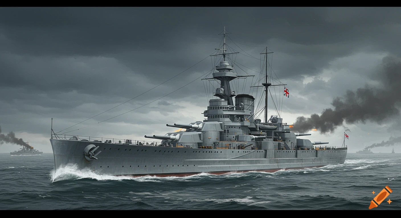A detailed illustration of a large grey battleship sailing through ...