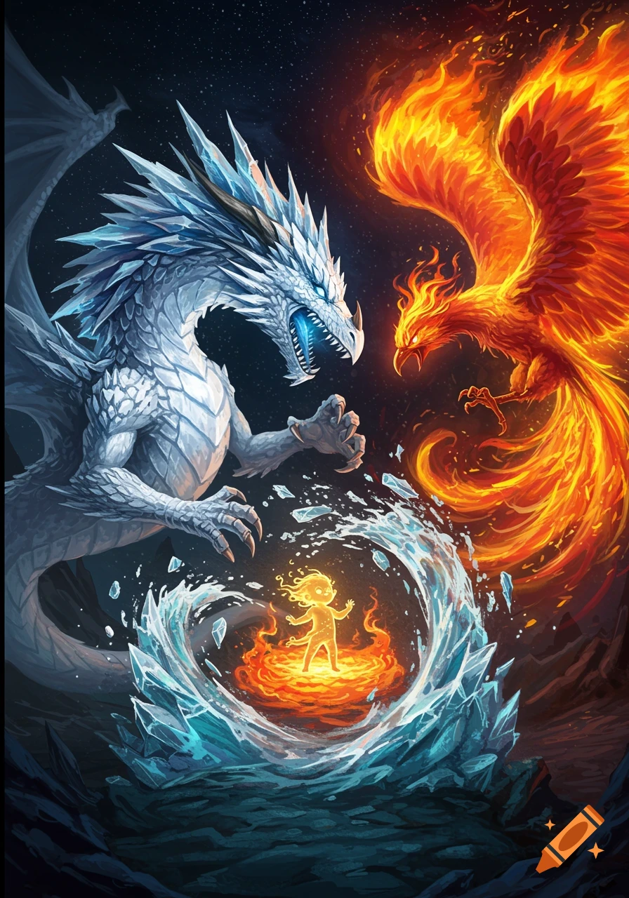 An ice dragon and a fire phoenix facing each other, with a glowing ...