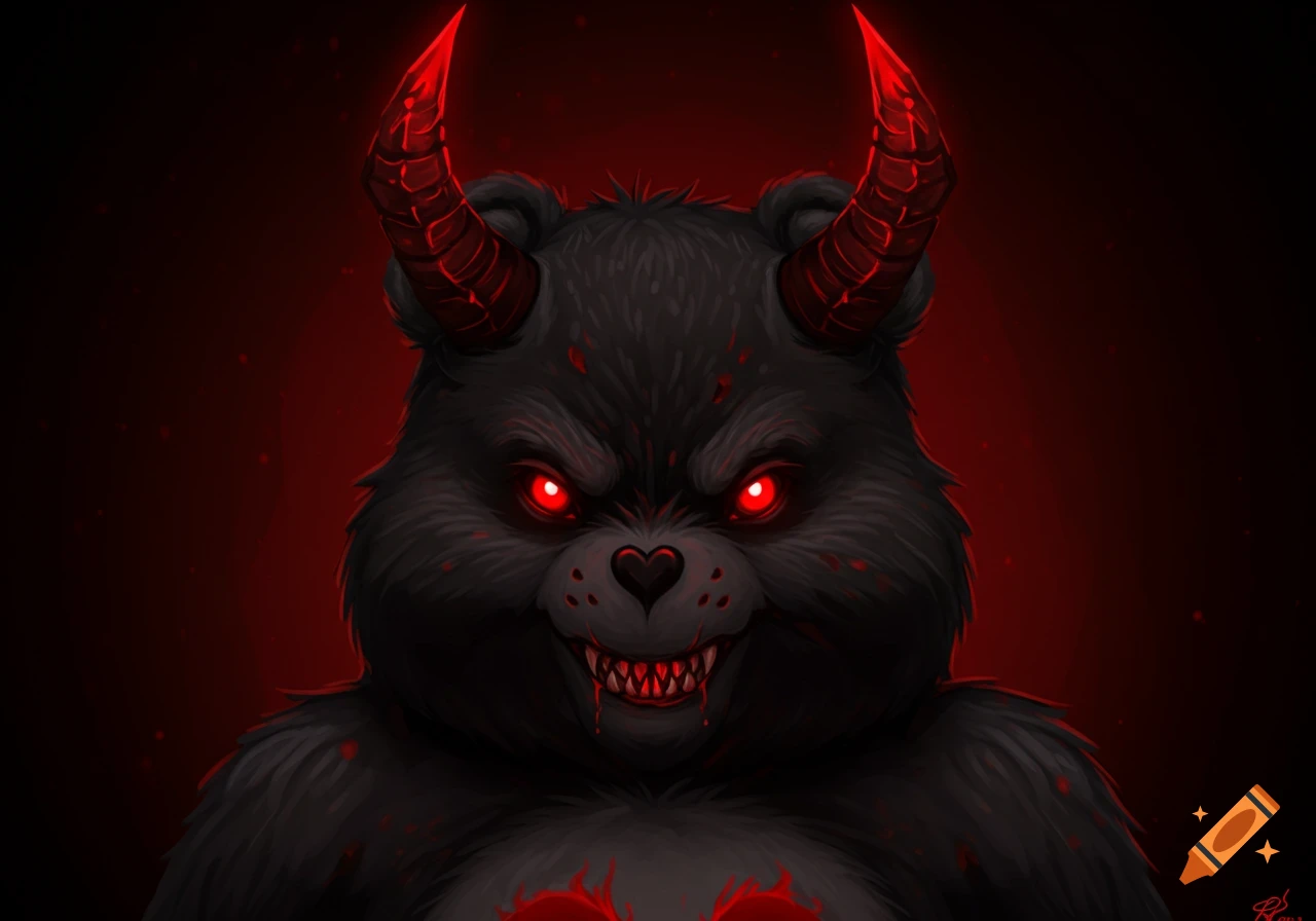 Black demonic bear with red glowing eyes, horns, and bloody fangs on ...