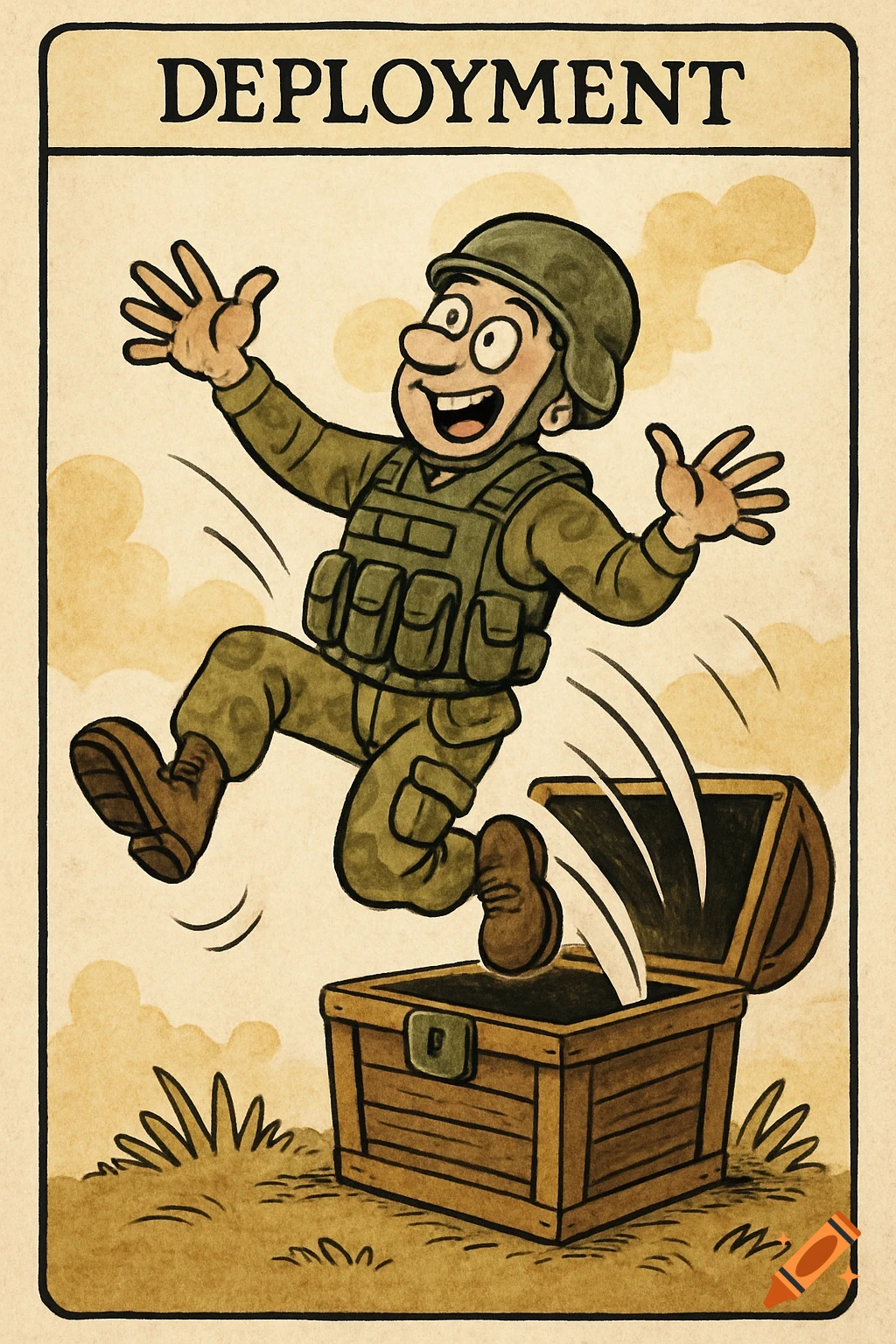 Cartoon illustration of a soldier in uniform jumping out of a treasure ...