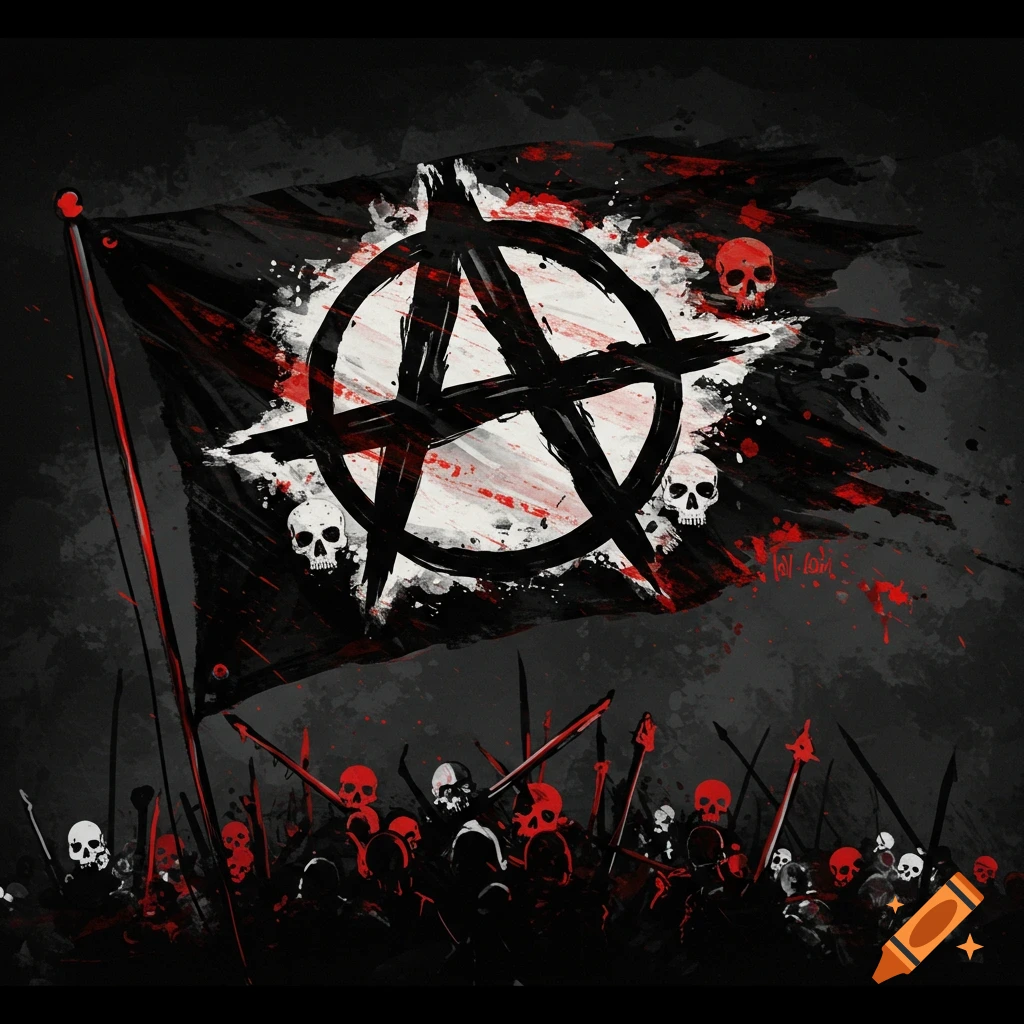 Stylized anarchy flag with skulls and figures in a dark, grungey style ...