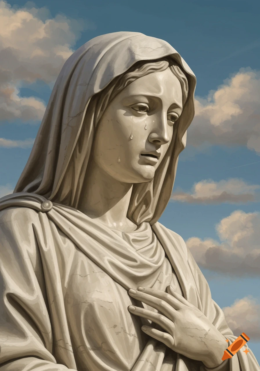 Marble statue of the Virgin Mary crying against a cloudy sky. on Craiyon
