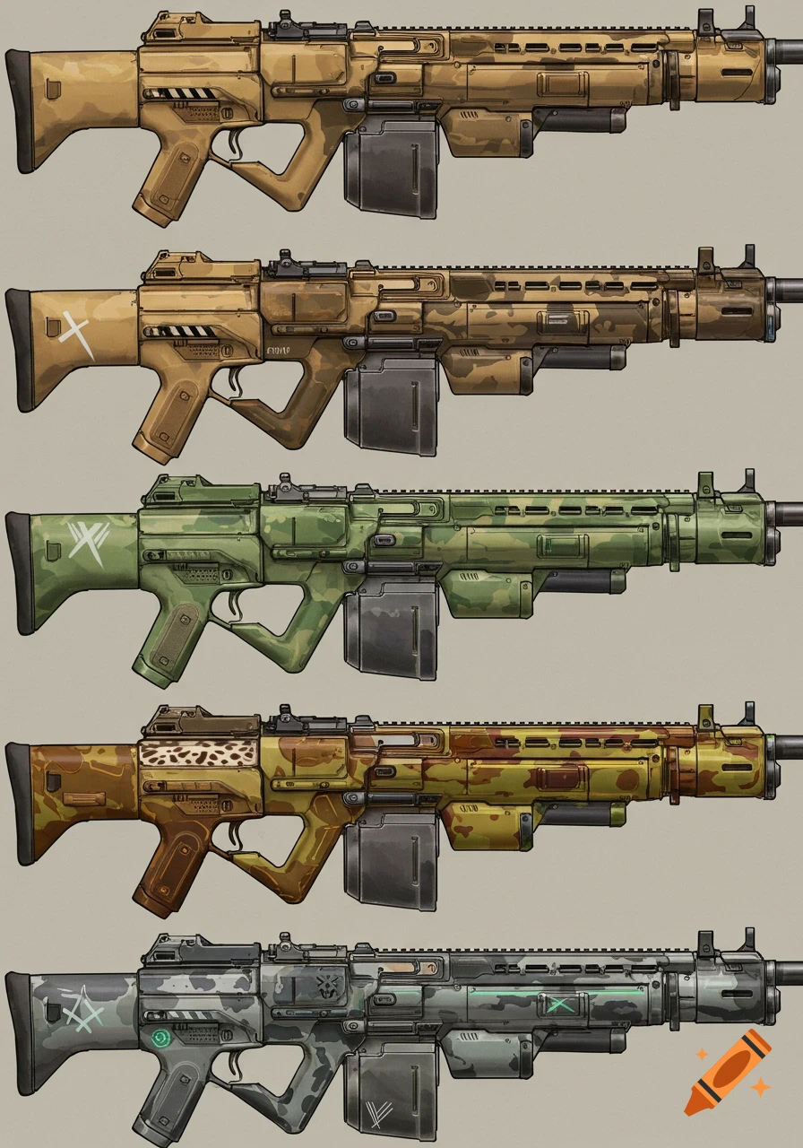 Illustrations of multiple futuristic weapons with different camouflage ...