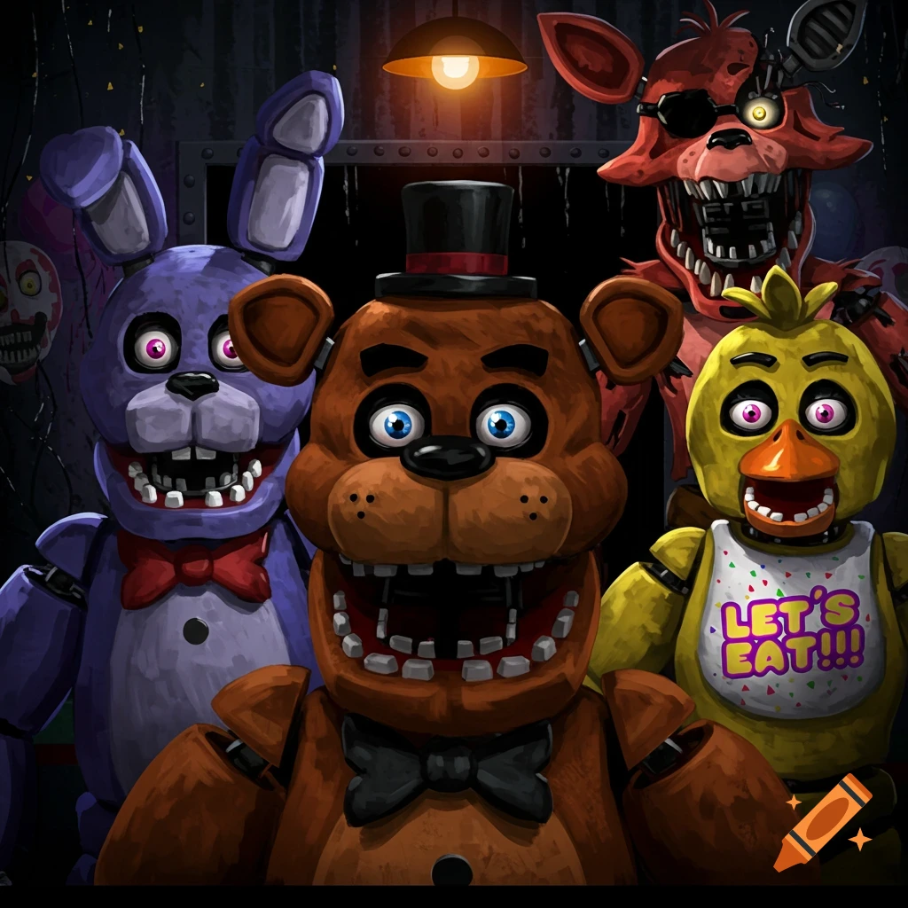 Digital painting of animatronic characters Freddy Fazbear, Bonnie, Chica, and Foxy from Five ...