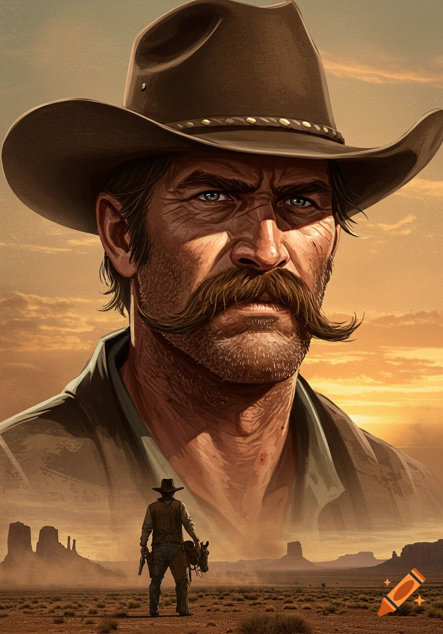 Stylized image of a rugged cowboy's face overlaid on a desert landscape ...