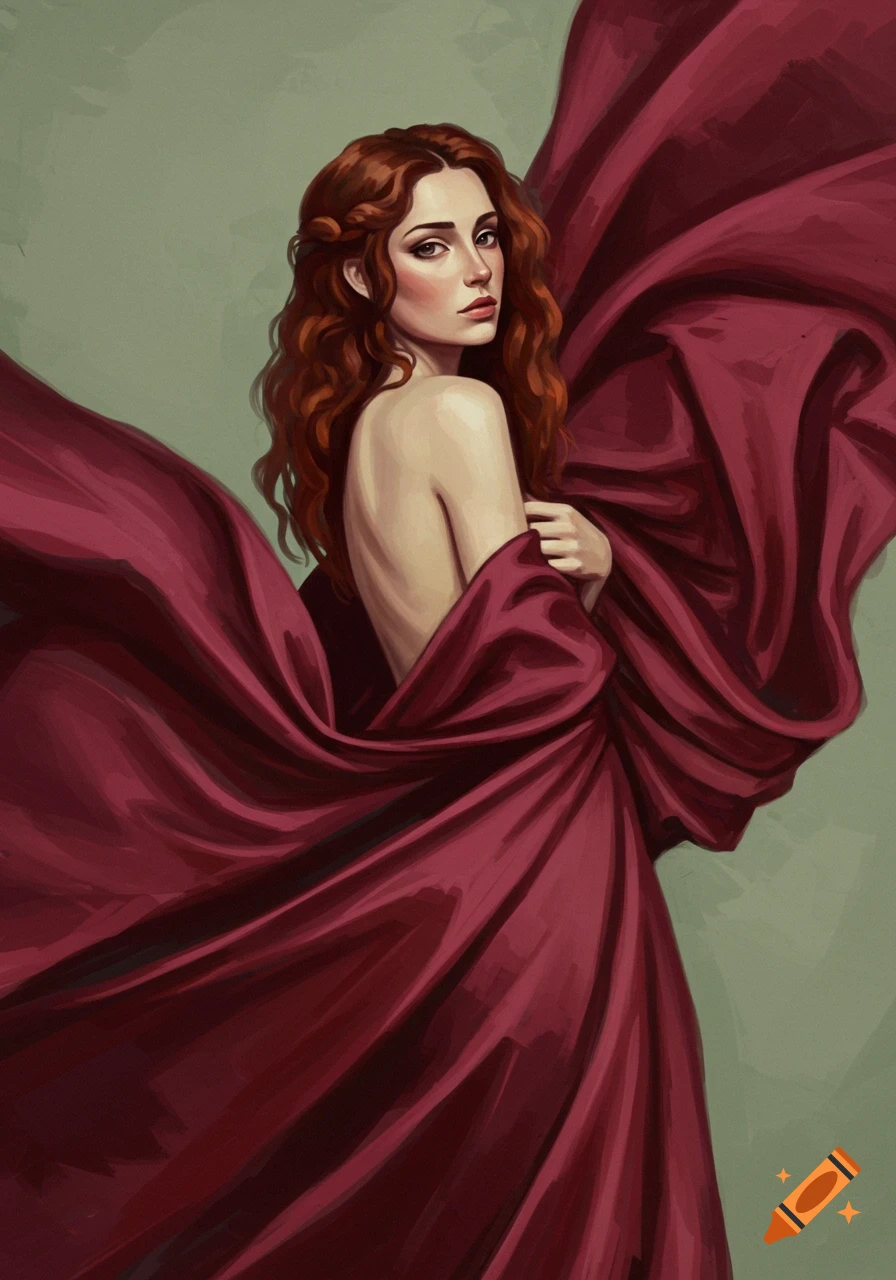 Digital painting of a woman with red hair wrapped in flowing red ...