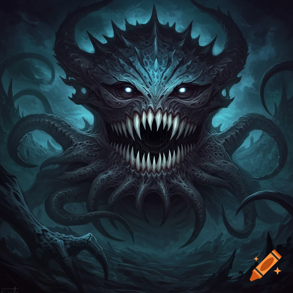 An eldritch monster with glowing eyes, sharp teeth, horns, and ...