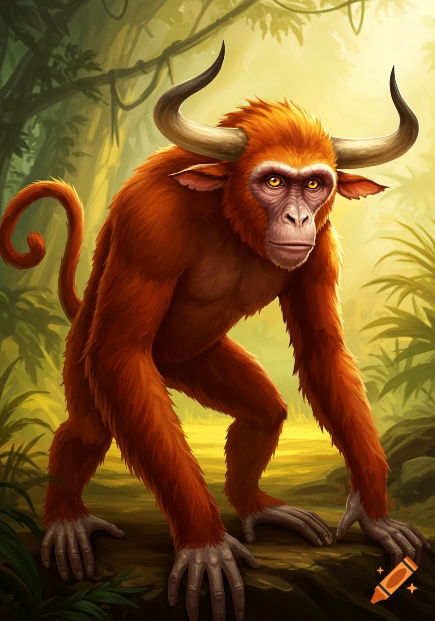 Illustration of an orange monkey-bull hybrid creature standing in a ...