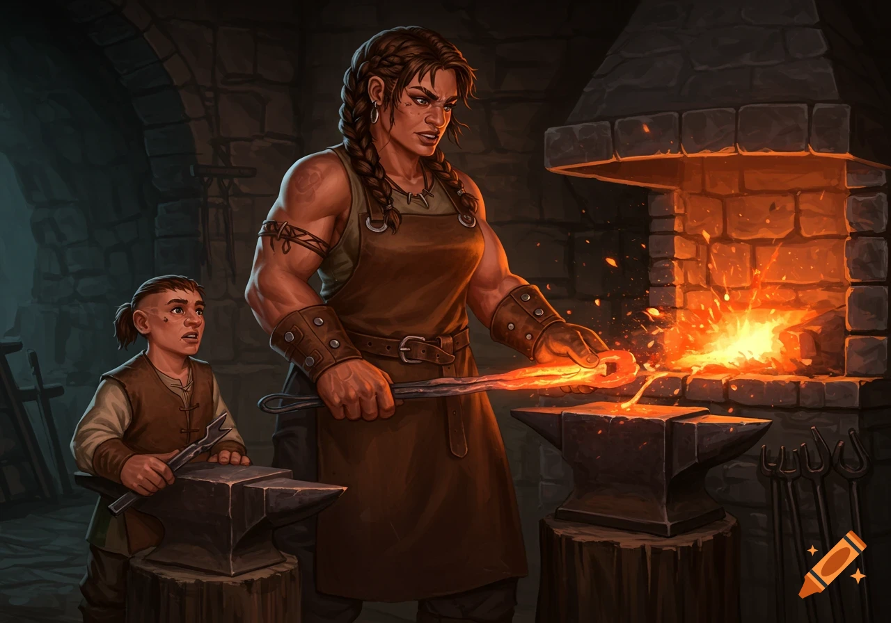 A muscular female blacksmith and a young apprentice work at anvils in a fiery forge in a ...
