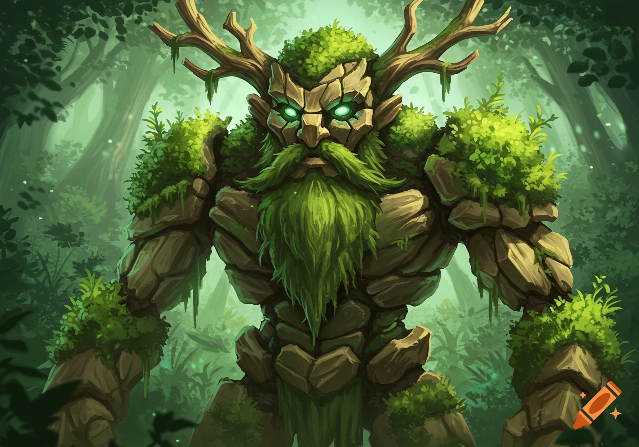 Fantasy illustration of a rock and plant golem with glowing green eyes ...