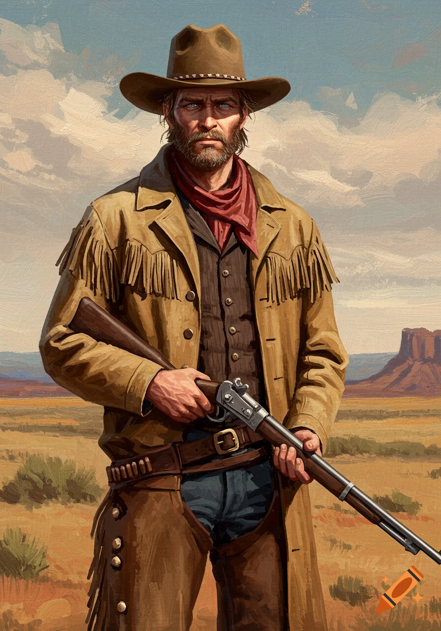 A painted portrait of a cowboy holding a rifle in a western landscape ...