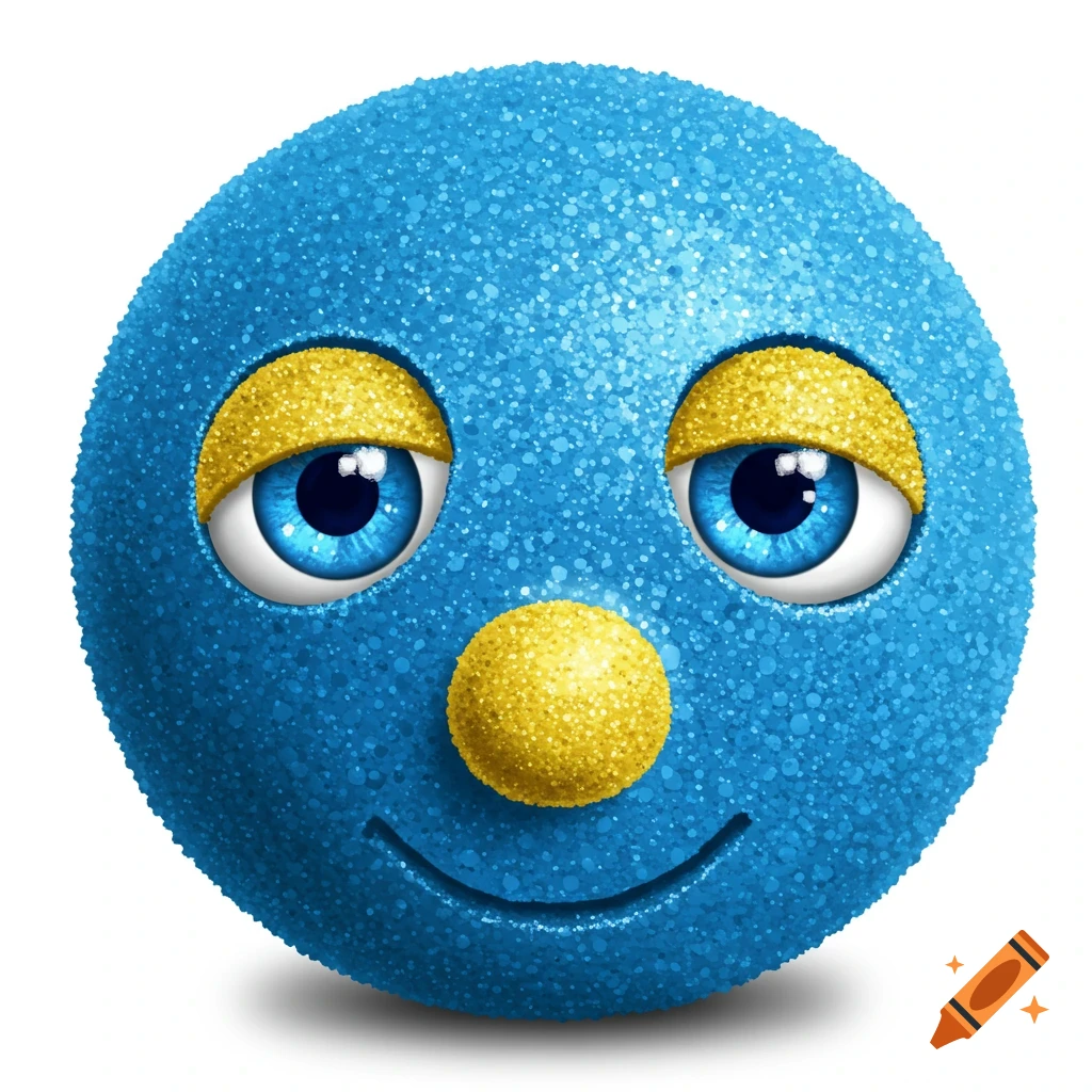 Blue glitter ball face with yellow glitter eyelids and nose, smiling on ...