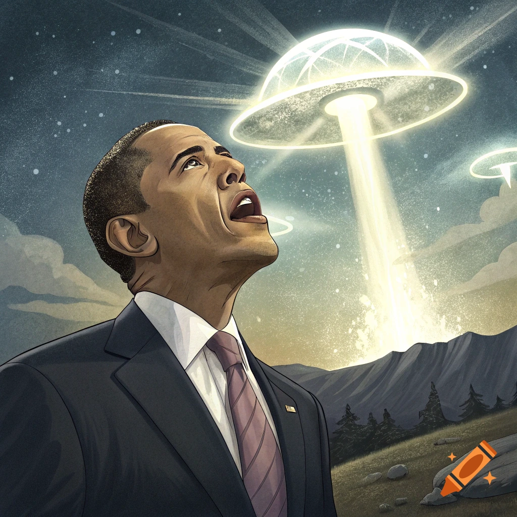 Illustration of Barack Obama looking up at a UFO beaming light down on ...