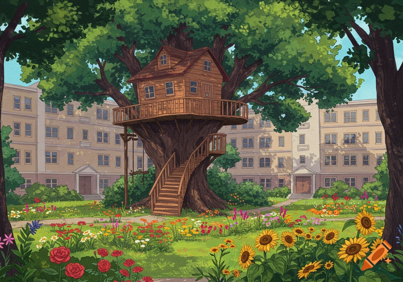 An illustrated scene of a treehouse in a garden surrounded by a dorm ...