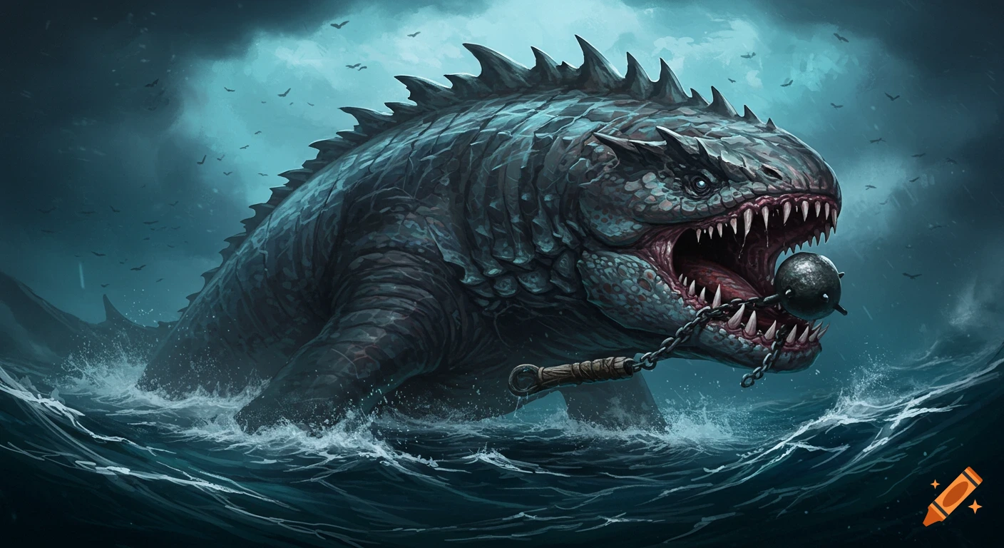 A fearsome sea monster with spikes and glowing eyes rises from a stormy ocean, holding a metal ...