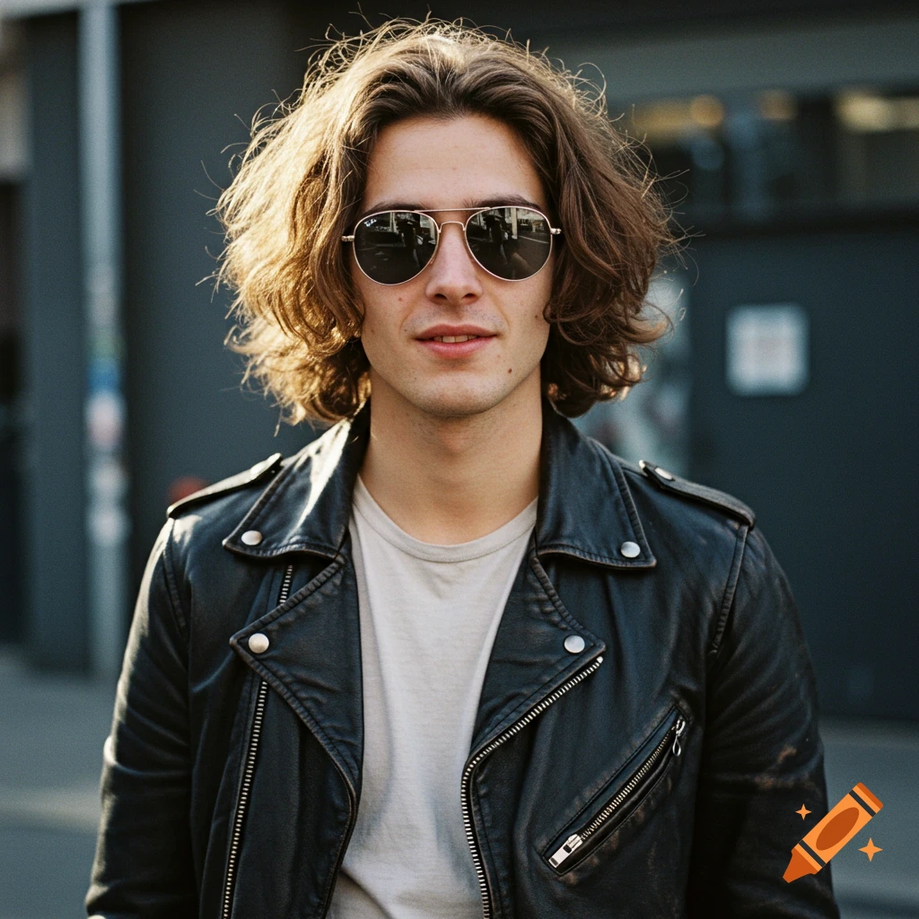 Close-up portrait of a man with shaggy brown hair wearing sunglasses ...
