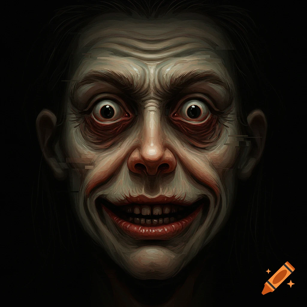 Close-up of a creepy, grotesque face with wide eyes and a toothy smile ...