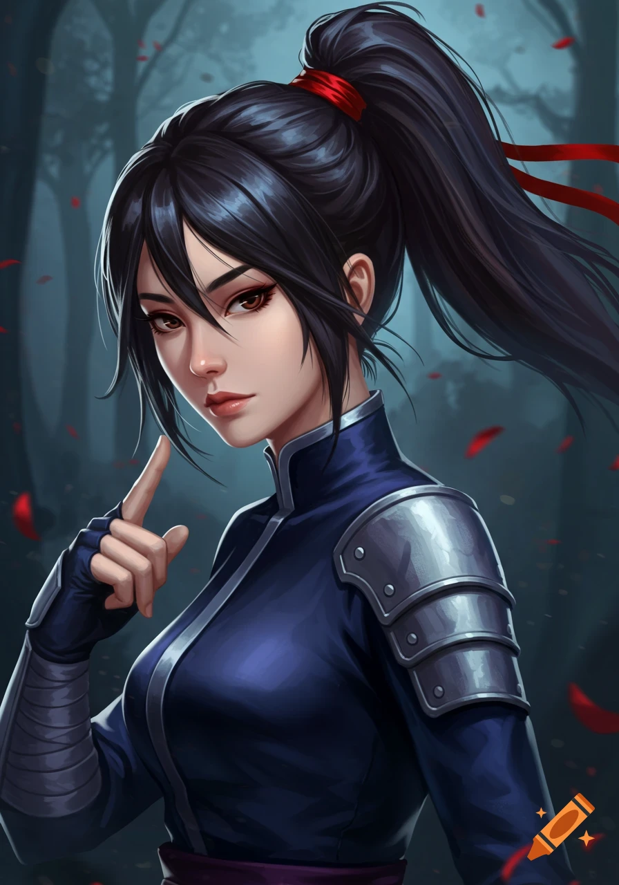 Illustration of a female ninja in a blue suit holding a finger up. on ...